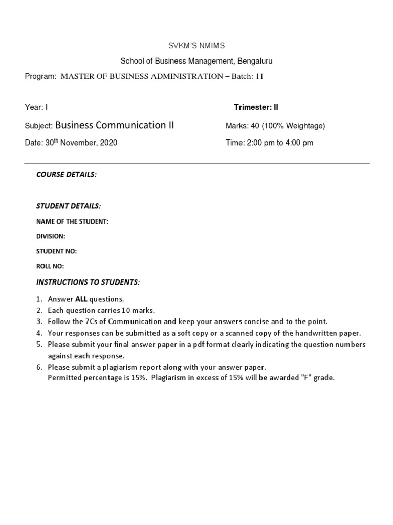 MBA Business Communication Exam Paper | PDF | Communication | Advertising