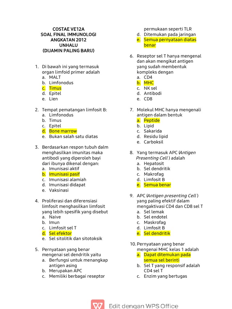 Soal Imunologi UNHALU 2103 | PDF