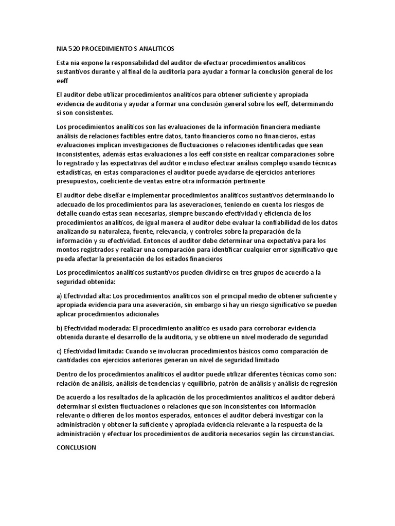 Nia 520 Procedimientos Analiticos | PDF | Auditoría