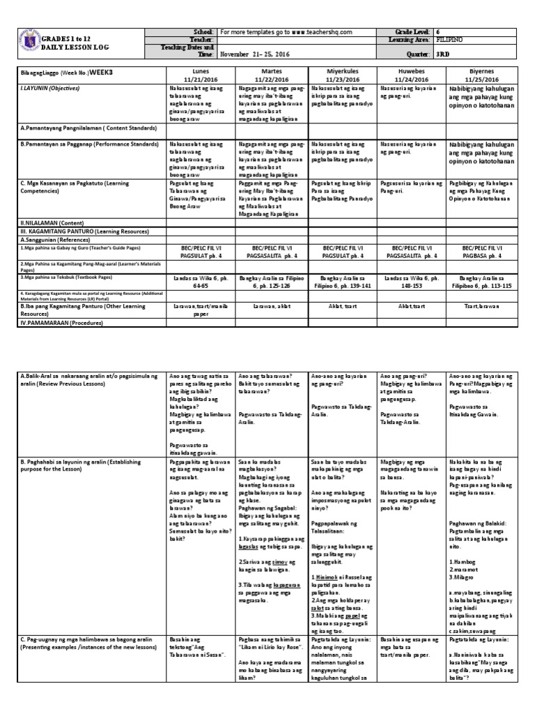 Grade 6 DLL Filipino 6 q3 Week 3 | PDF