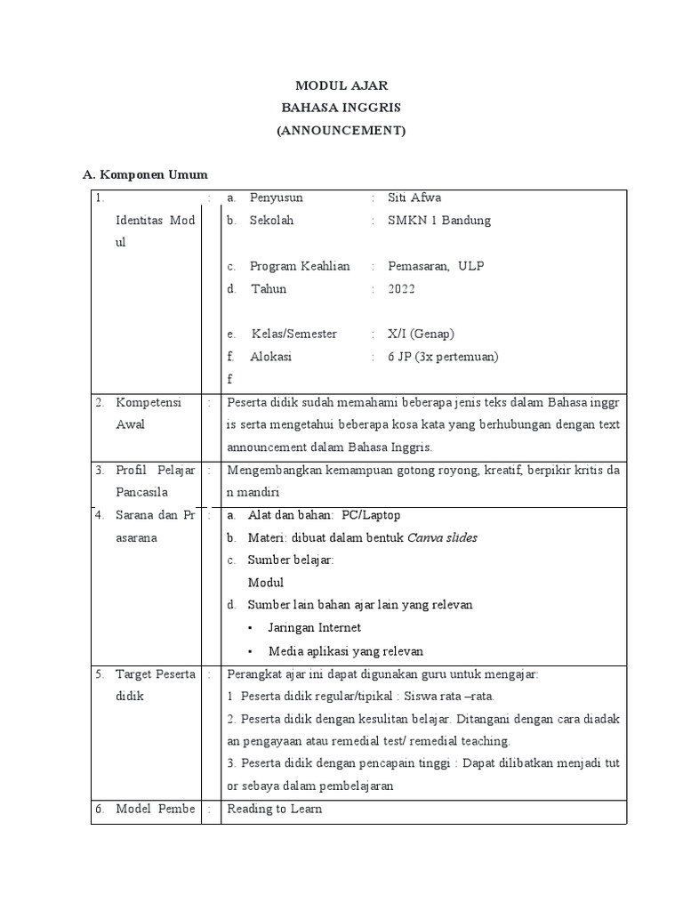 Modul Ajar Kelas 10 Announcement | PDF