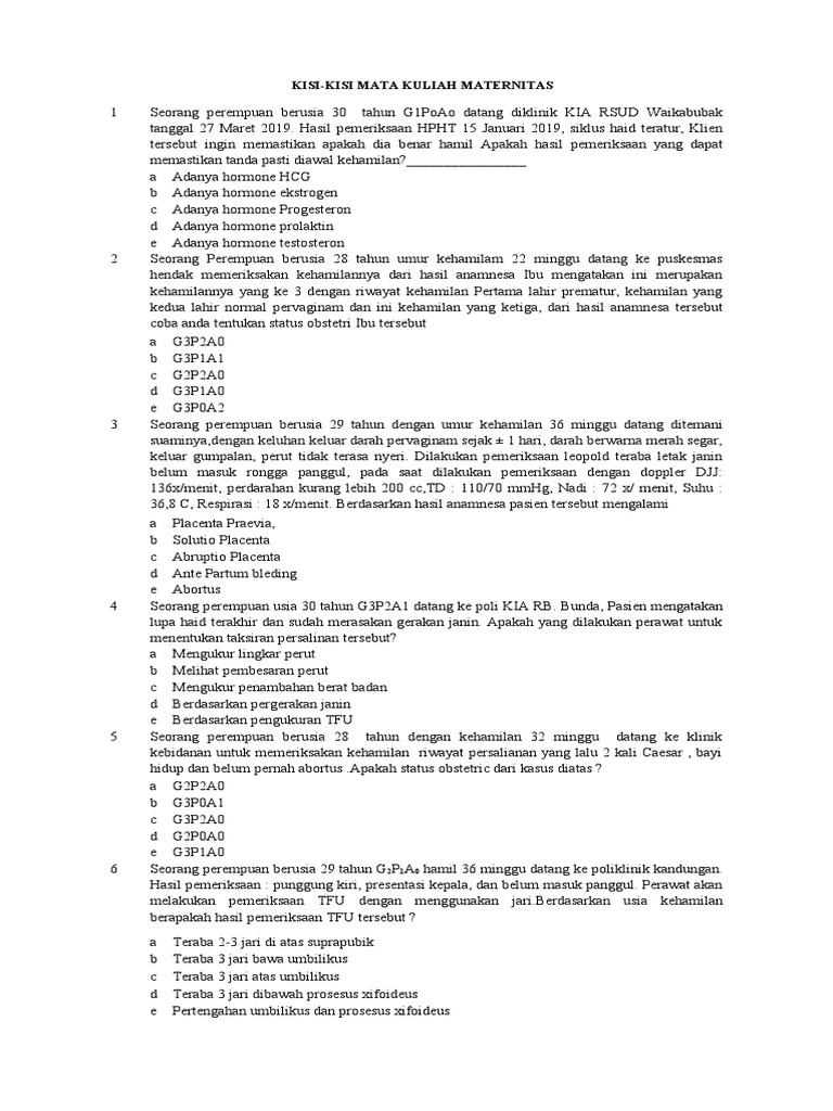 Kisi-Kisi Mata Kuliah Maternitas | PDF