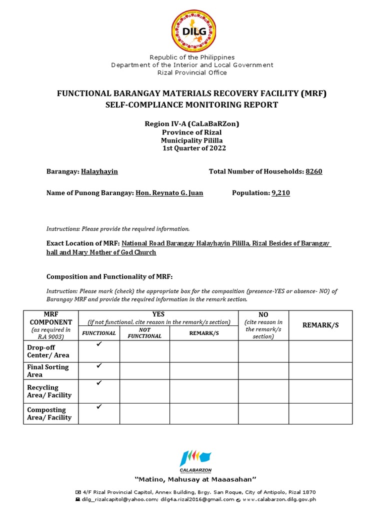 Barangay MRF Compliance Report 2022 | PDF | Recycling | Human Impact On ...