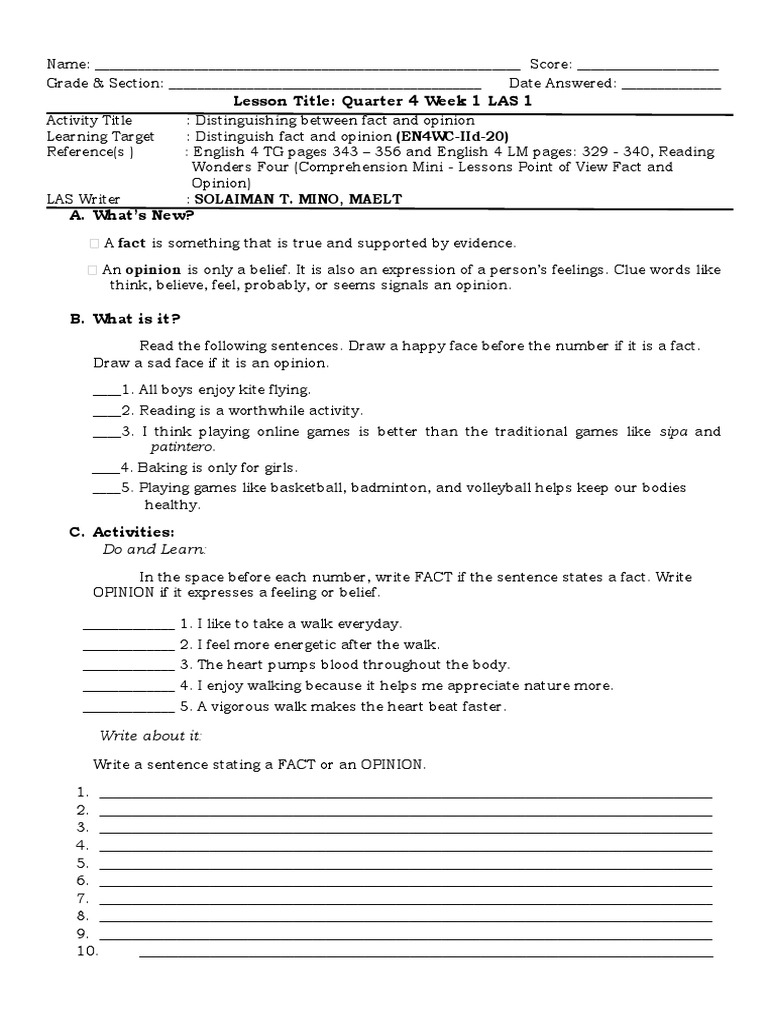 Q4 - W1 English LAS 1 and 2 | PDF