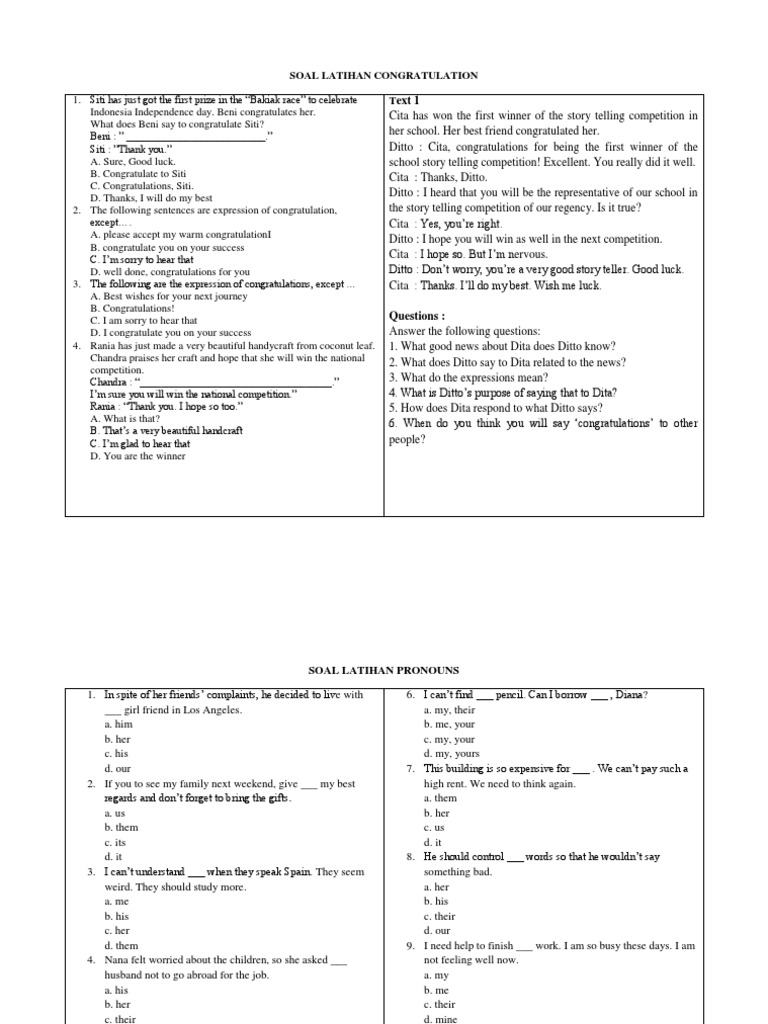 Soal Congratulation + Pronouns SMA 10 | PDF