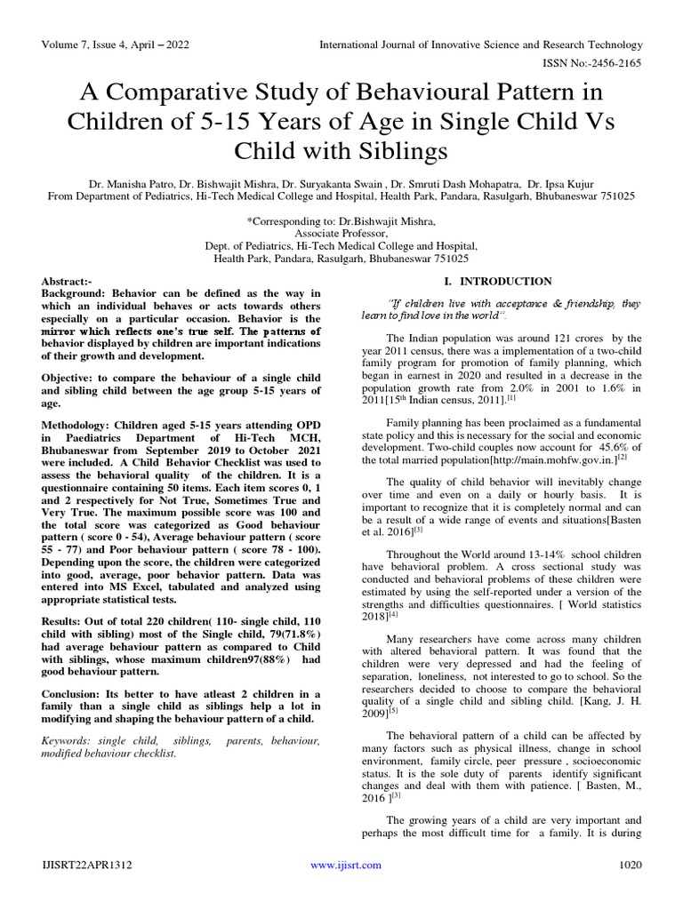A Comparative Study of Behavioural Pattern in Children of 5-15 Years of ...
