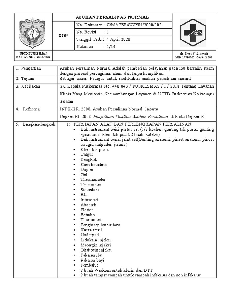 Sop Asuhan Persalinan Normal | PDF