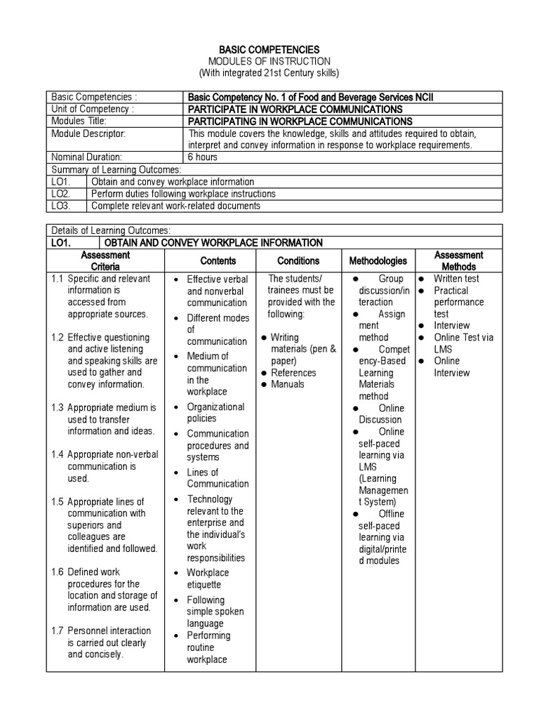 Modules of Instruction NCII BASIC Competencies #1 - With 21st Century ...