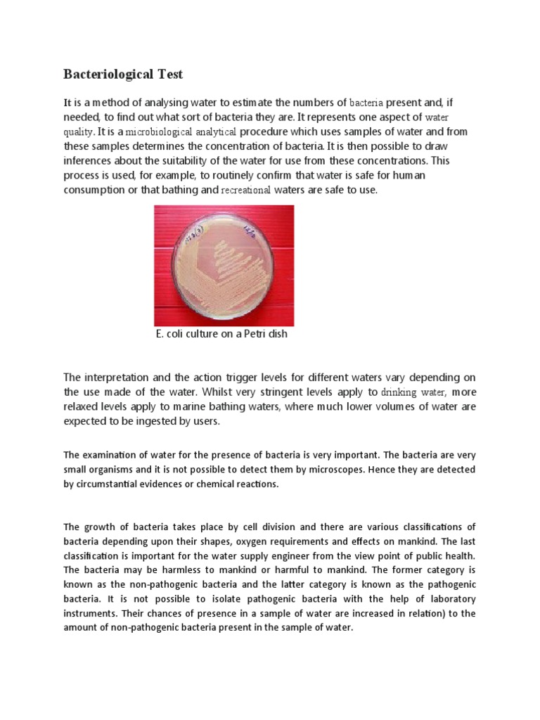 Bacteriological Test: It Is A Method of Analysing Water To Estimate The ...