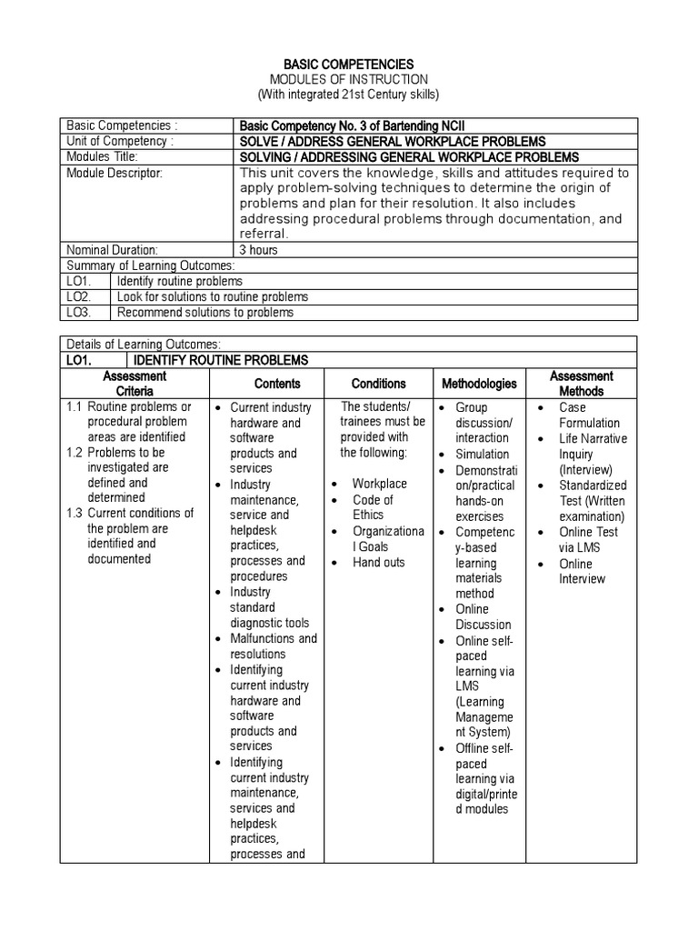 Modules of Instruction NCII BASIC Competencies #3 - With 21st Century Skills-Bartending Updated ...