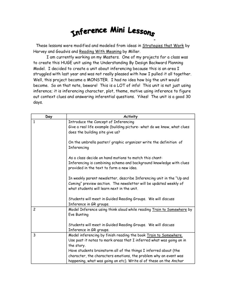 Inferencing Mini Lessons by Mandygregory | PDF | Inference | Reading ...