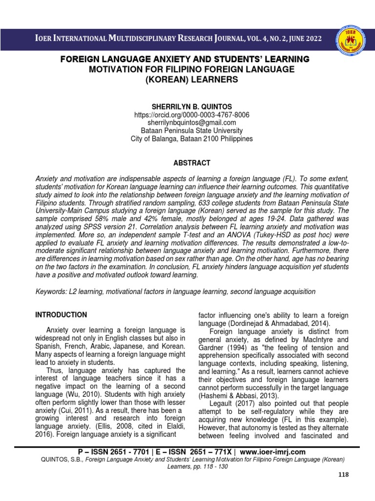 Foreign Language Anxiety and Students' Learning Motivation For Filipino ...