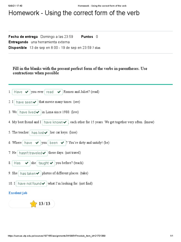 Present Perfect Verb Homework | PDF