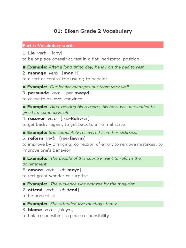 Eiken Grade 2 Voc Lesson 1 | PDF
