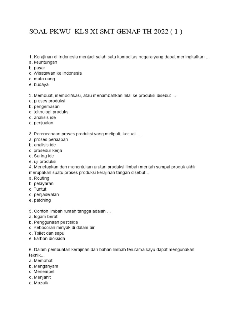 SOAL PKWU KLS XI SMT GENAP TH 2022 ( 1 ) | PDF
