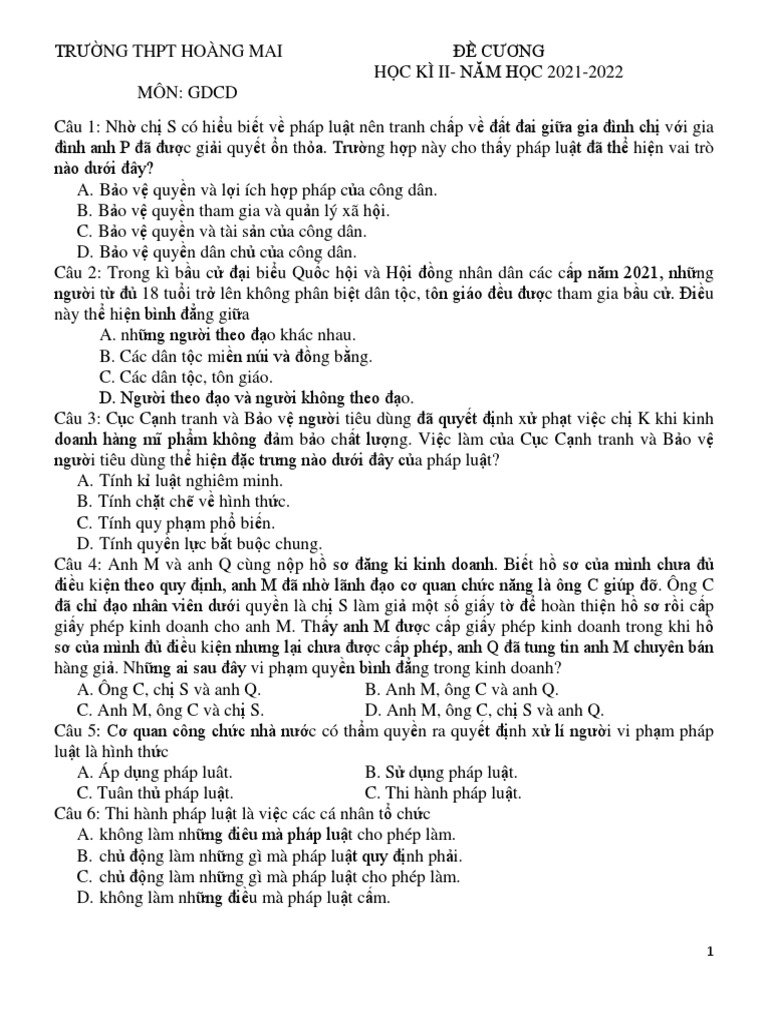 ĐỀ CƯƠNG GDCD HK2 KHỐI 12 HS 1 | PDF