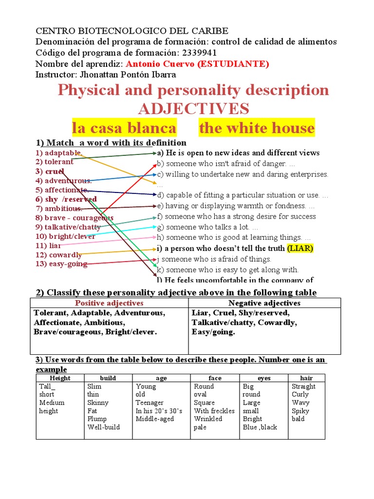 Physical and Personality Description Adjectives La Casa Blanca The ...