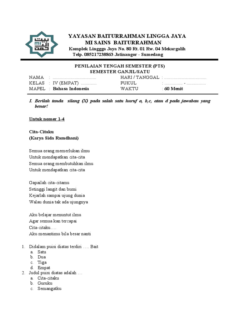 Soal PTS Bahasa Indonesia Semester 2 | PDF | Seni & Disiplin Bahasa
