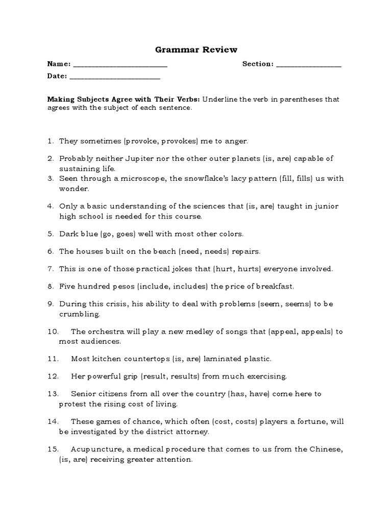 Grammar Review Worksheets | PDF