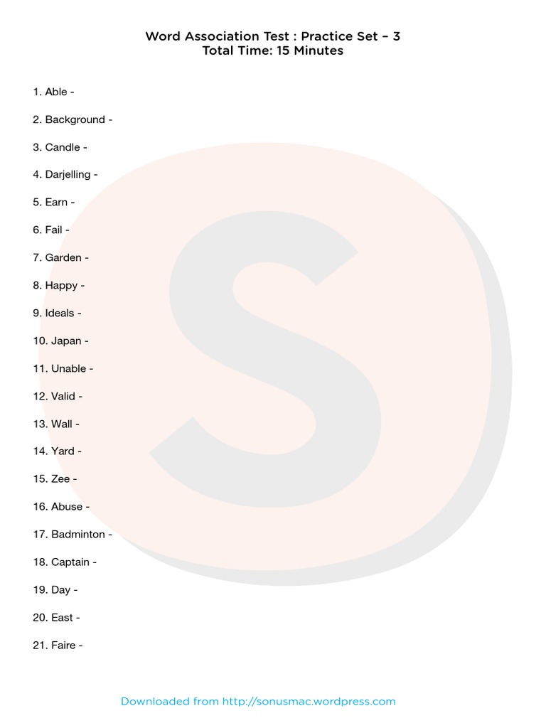 Word Association Test: Practice Set - 3 Total Time: 15 Minutes | PDF