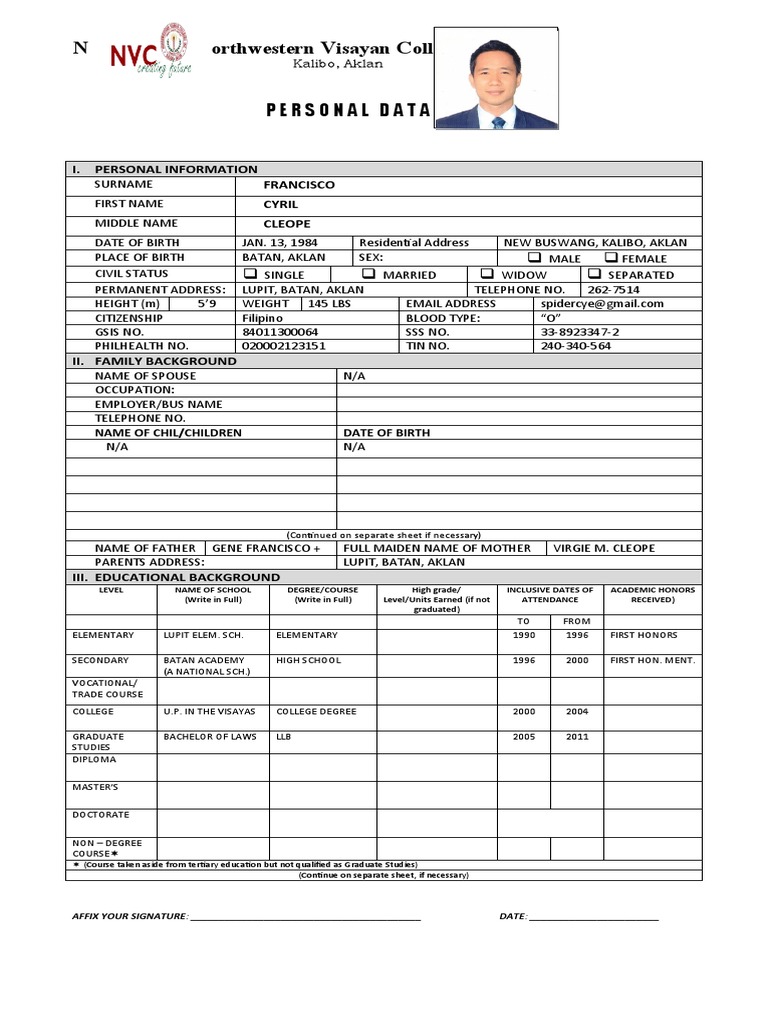 1 Personal Data Sheet June 2013 | PDF | Educational Stages