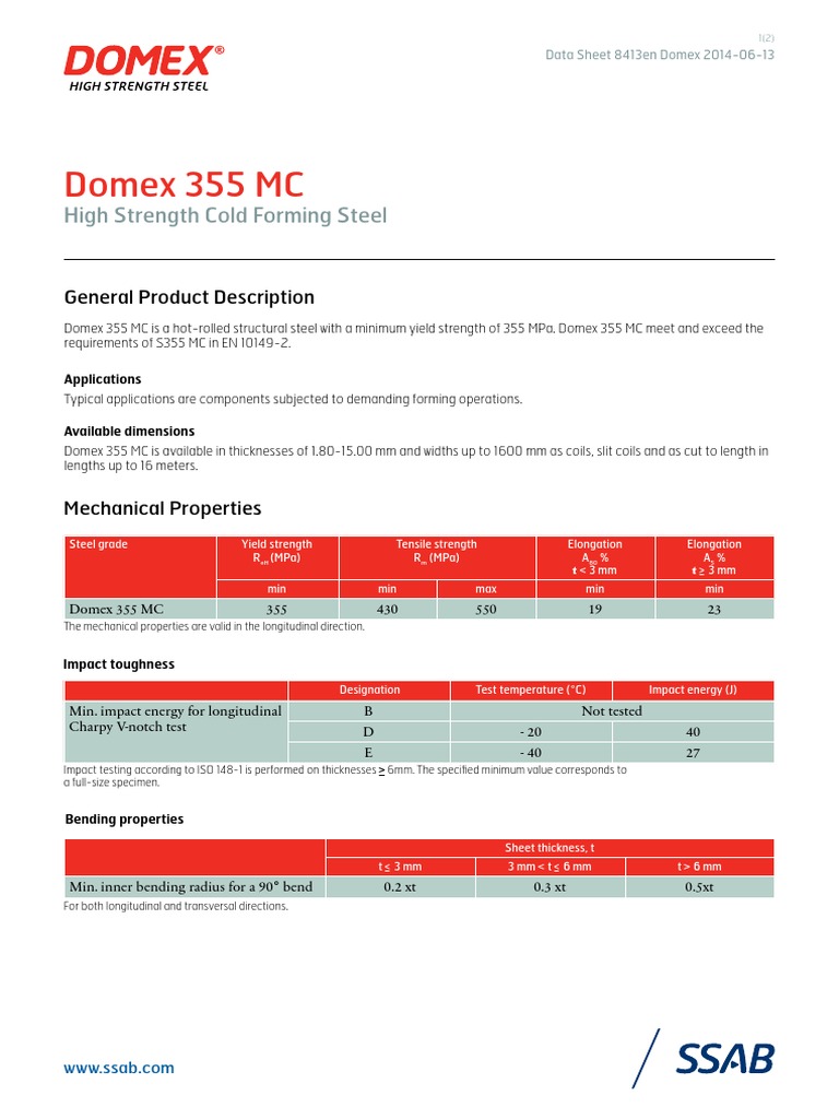 Domex 355 MC: High Strength Cold Forming Steel | PDF | Sheet Metal ...