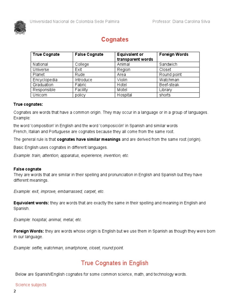 Cognates: True Cognates in English | PDF | English Language | Linguistics