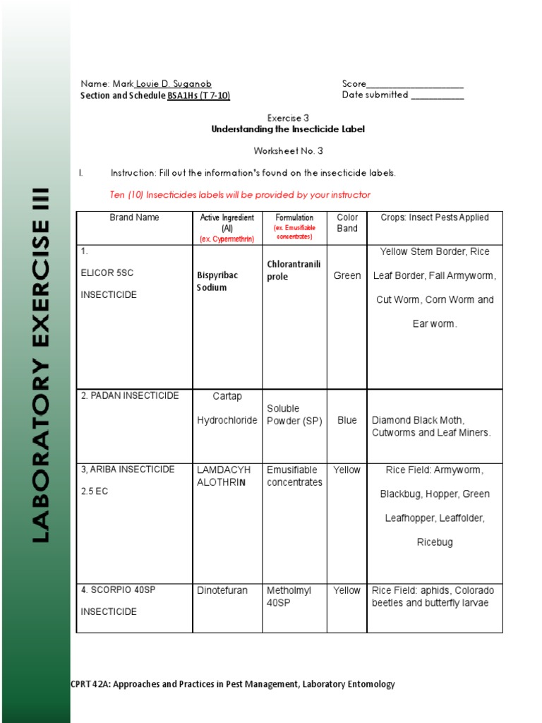 CPRT 42A Laboratory Ex3 Worksheet | PDF | Insecticide | Pest Control