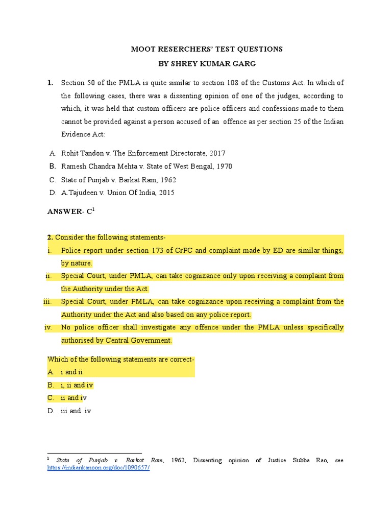 Moot Court Researcher Test Questions | PDF | Arrest | Criminology