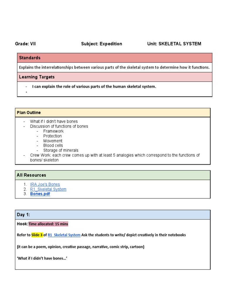 Lesson Plan SKELETAL SYSTEM | PDF | Skeleton | Vertebral Column