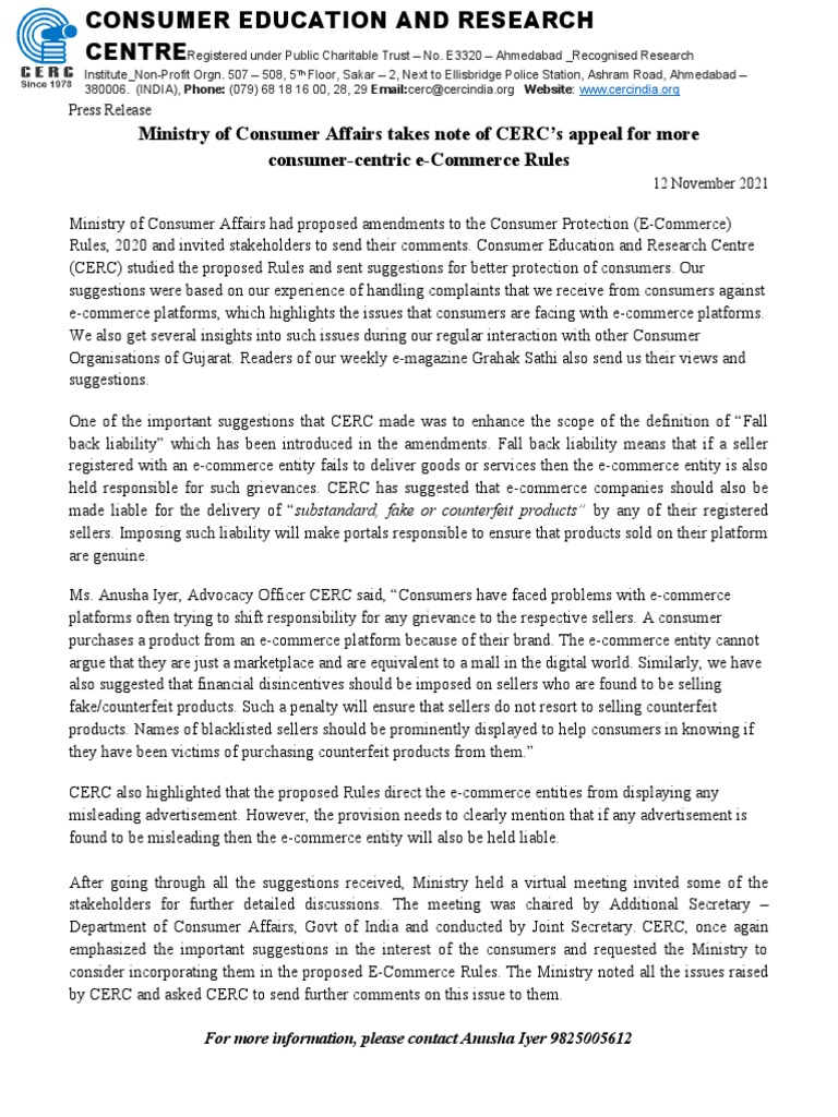 Ministry of Consumer Affairs Takes Note of CERC's Appeal For More | PDF ...