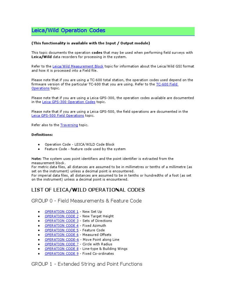 Leica/Wild Operation Codes: (This Functionality Is Available With The ...