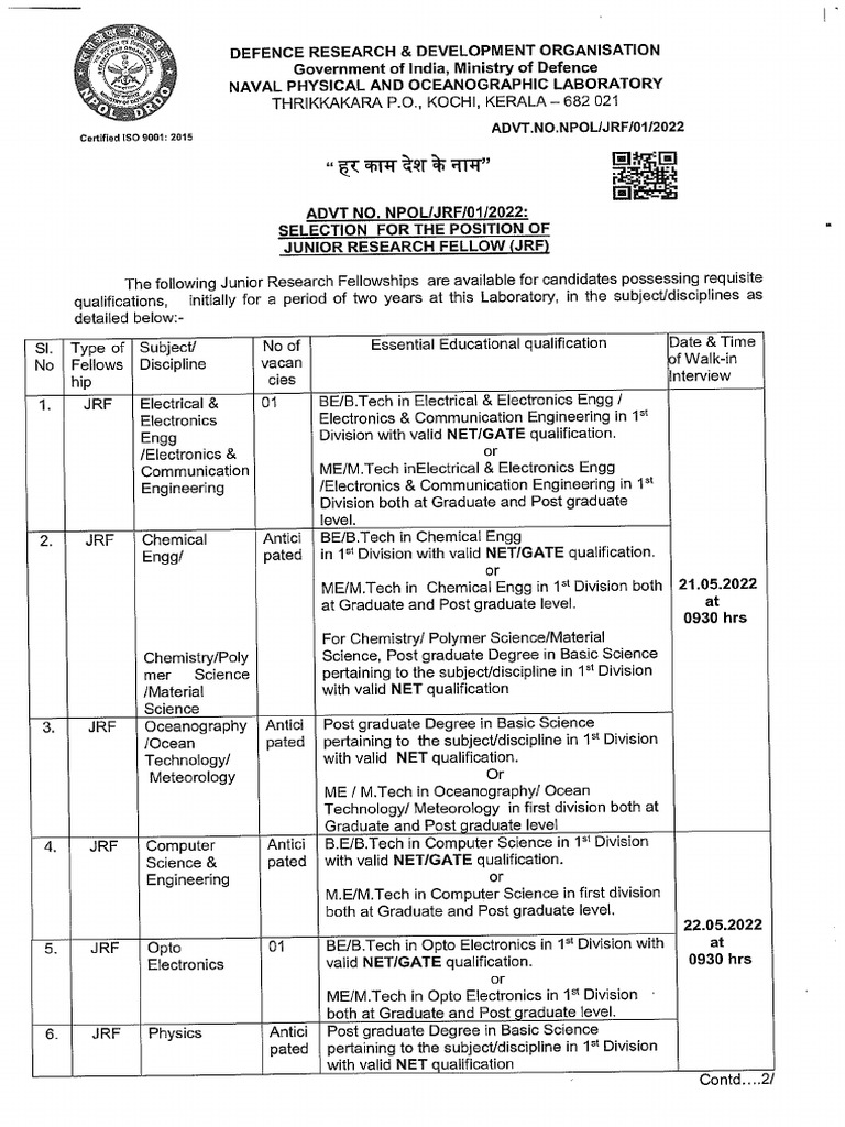 Junior Research Fellowships at NPOL | PDF | Postgraduate Education