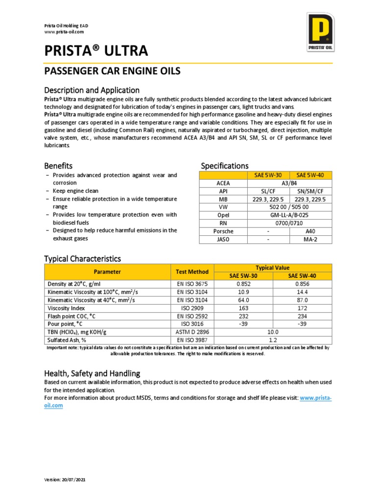 Prista® Ultra: Passenger Car Engine Oils | Download Free PDF | Motor ...