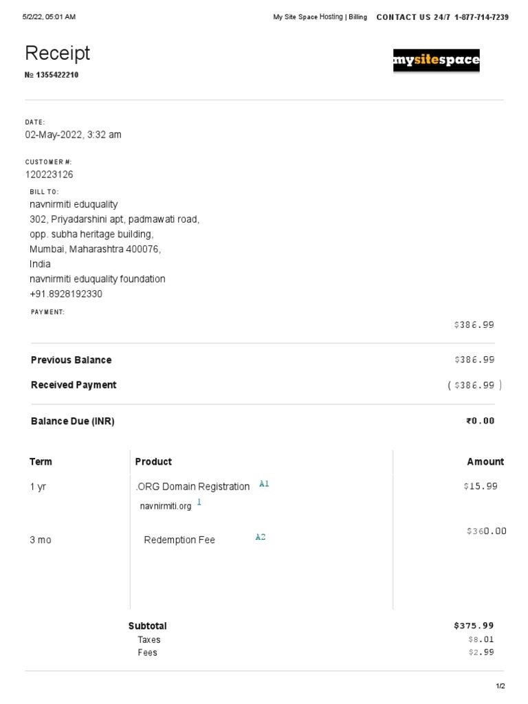 Receipt: Previous Balance Received Payment | PDF