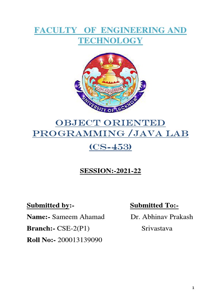 Faculty of Engineering and Technology: Object Oriented Programming /java Lab (CS-453) | PDF ...