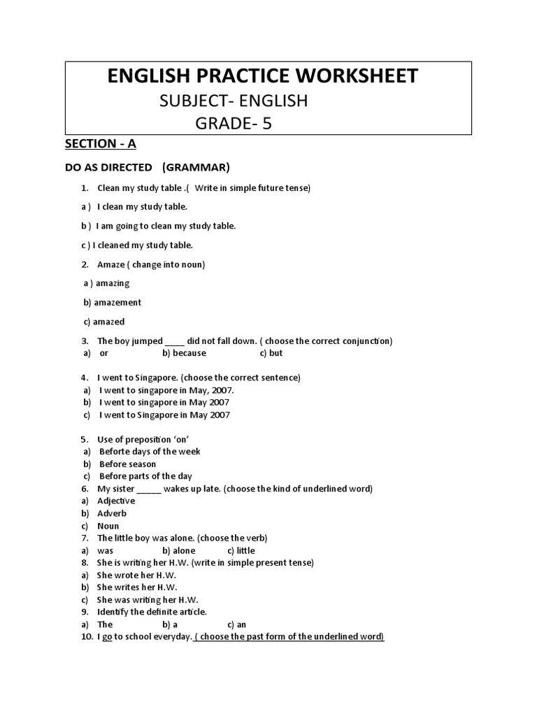 Grade 5 - SA 2 Revision Worksheet (ENGLISH) | PDF | English Language | Verb