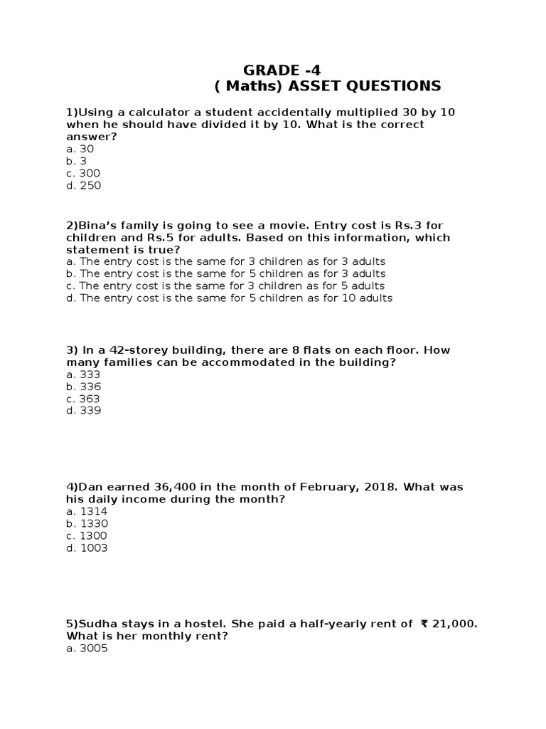 (Maths) Asset Questions: Grade - 4 | PDF | Teaching Methods & Materials