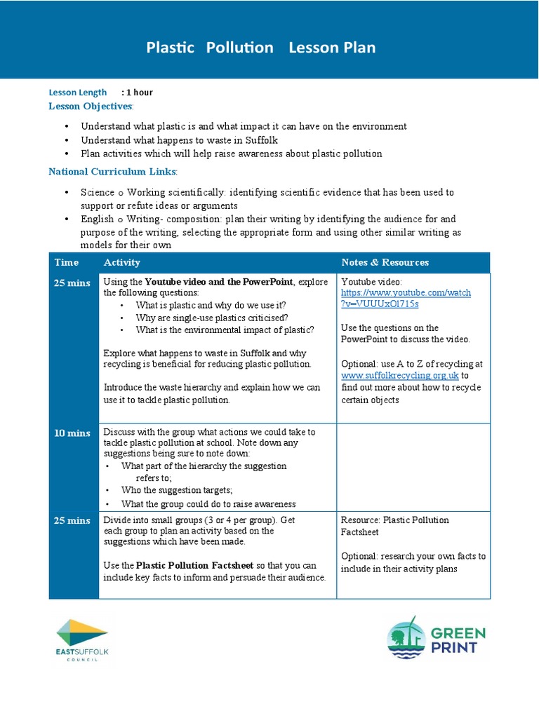 Plastic Pollution Lesson Plan | PDF | Recycling | Pollution