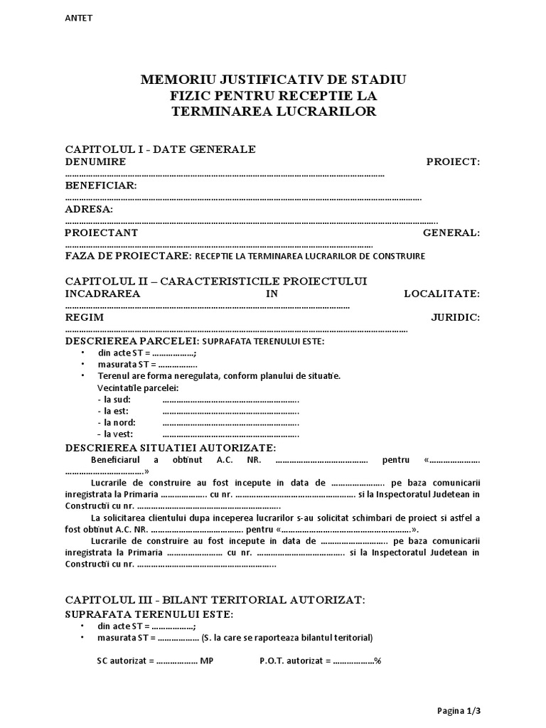 Memoriu Justificativ de Stadiu Fizic Pentru Receptie La Terminarea ...