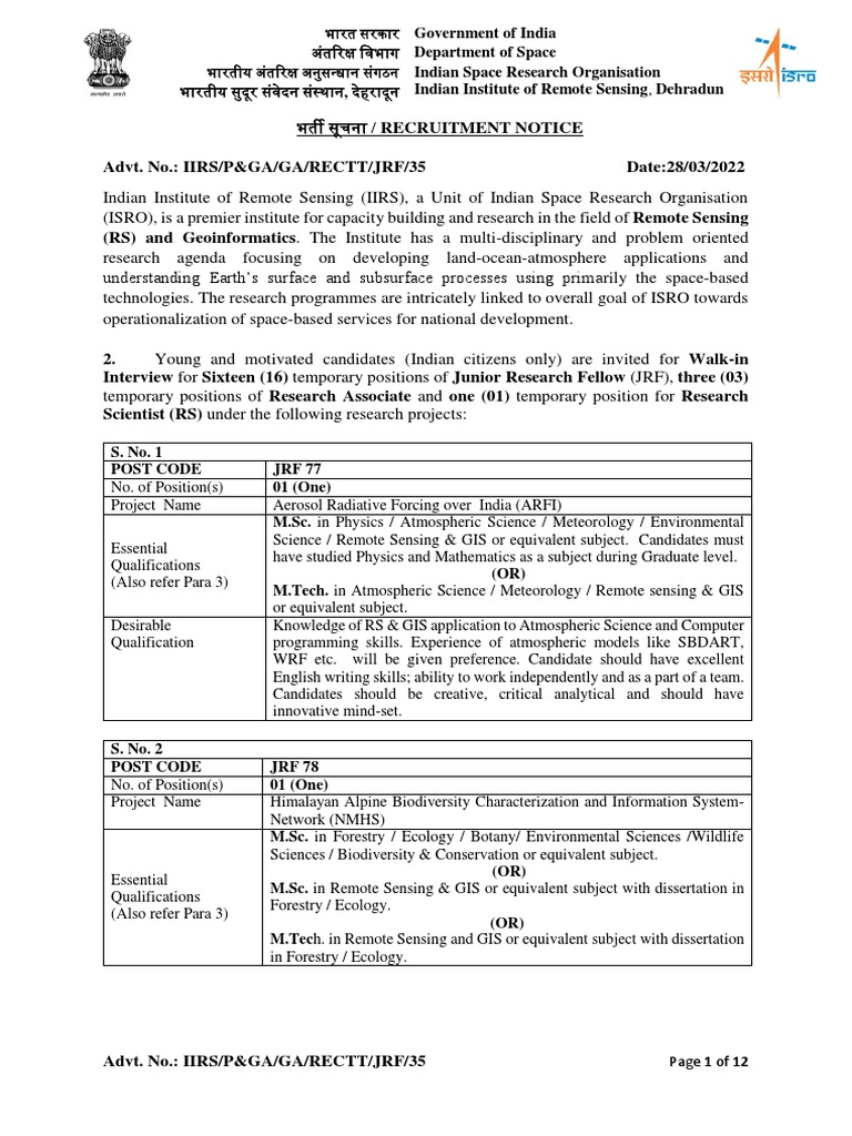 Detailed Advt JRF-35 Application Form | PDF | Geomatics | Geographic ...