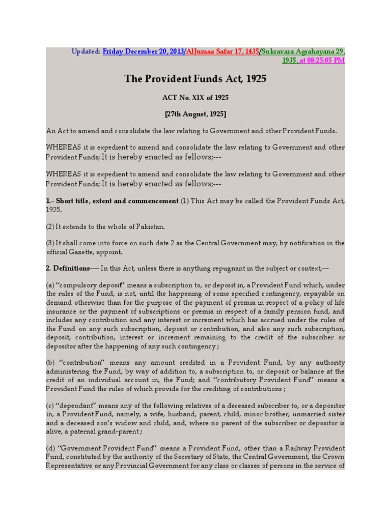 Provident Fund Act - PF Act 1925 | PDF | Assignment (Law) | Justice