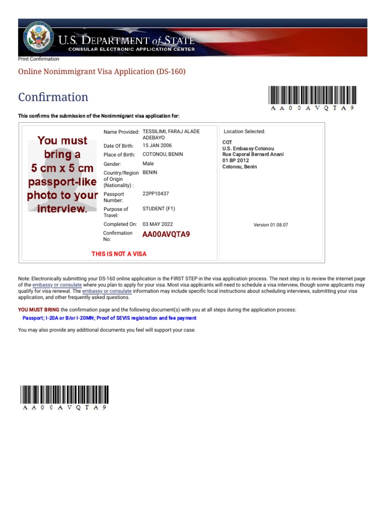 Nonimmigrant Visa - Confirmation Page | PDF | Travel Visa | Fingerprint