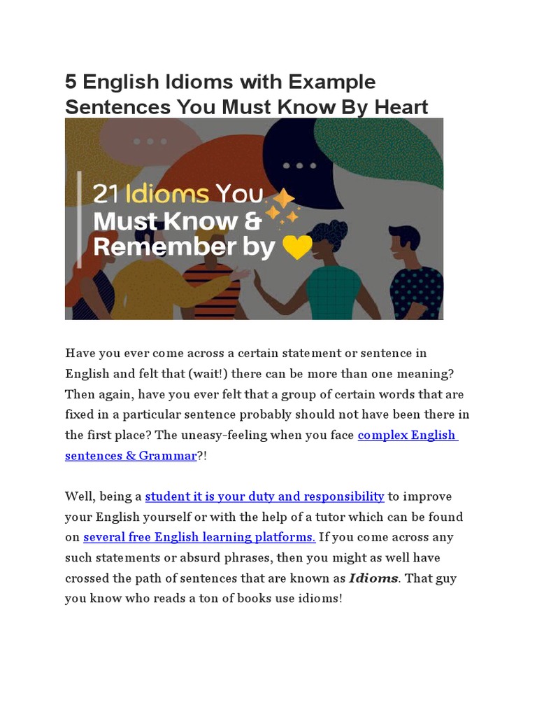 5 English Idioms With Example Sentences You Must Know by Heart | PDF ...