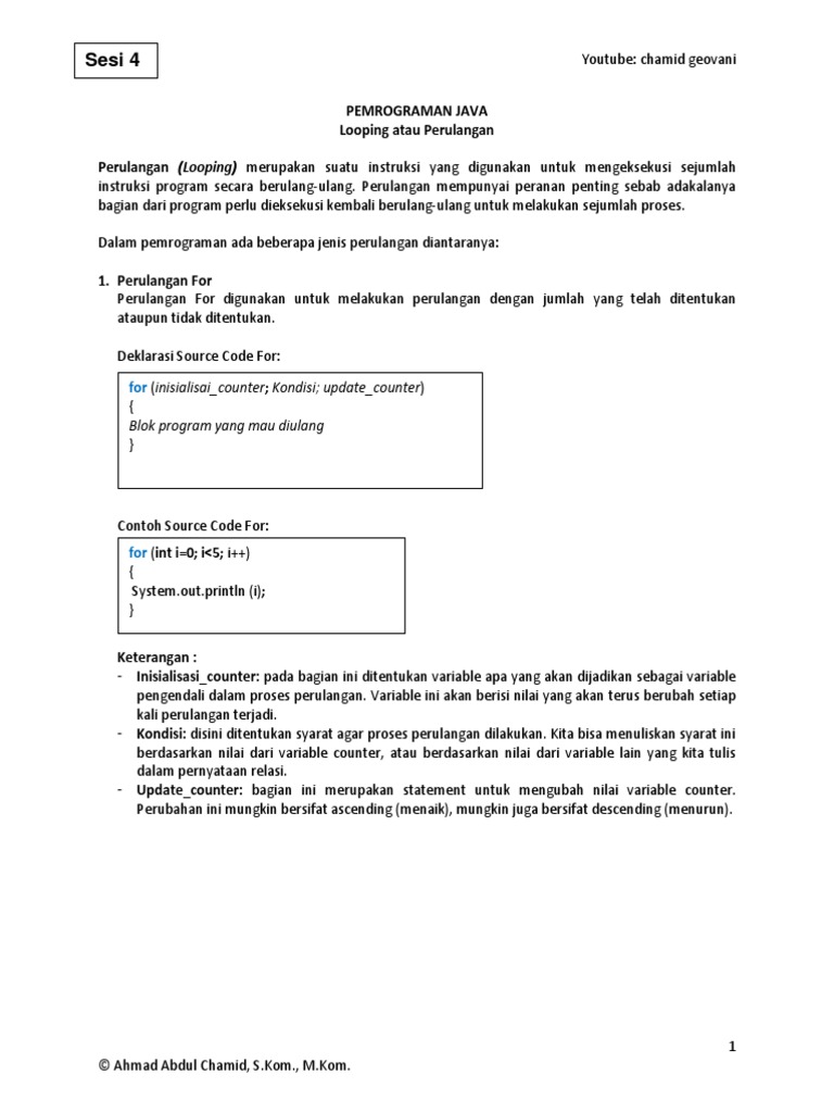 PEMROGRAMAN JAVA (Looping Atau Perulangan) | PDF
