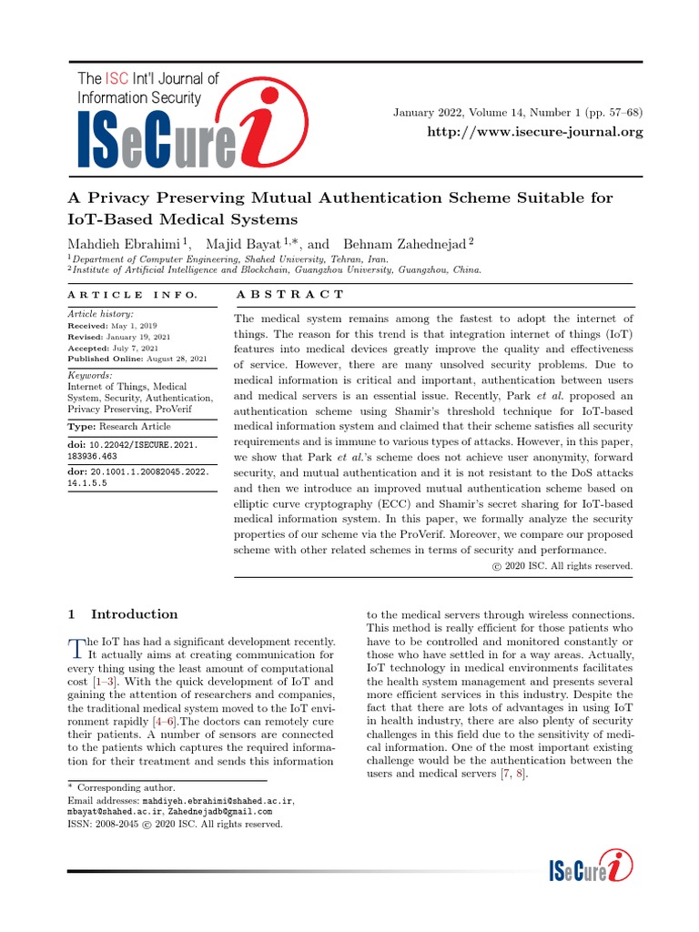 A Privacy Preserving Mutual Authentication Scheme Suitable For IoTBased Medical SystemsISeCure ...