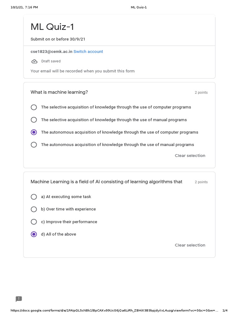 ML Quiz-1 | PDF | Machine Learning | Cognitive Science
