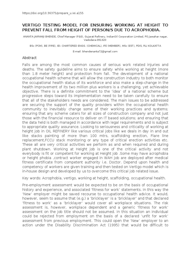 Vertigo Testing Model for Ensuring Worker Safety When Working at ...