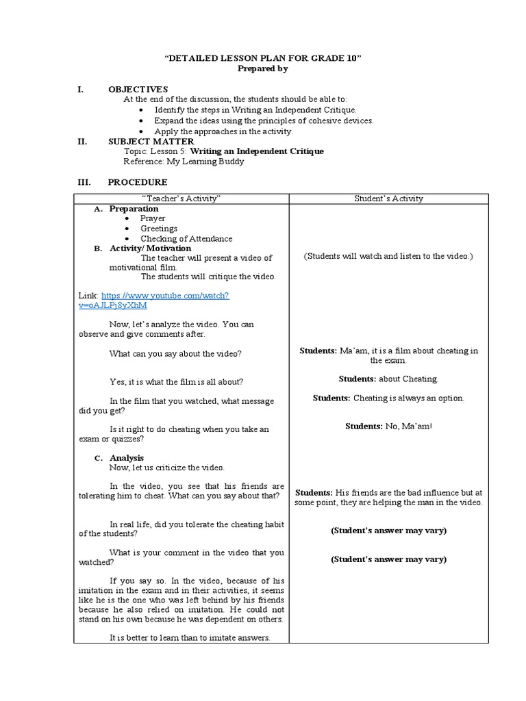 Grade 10 Independent Critique Lesson Plan | PDF | Essays | Feminism