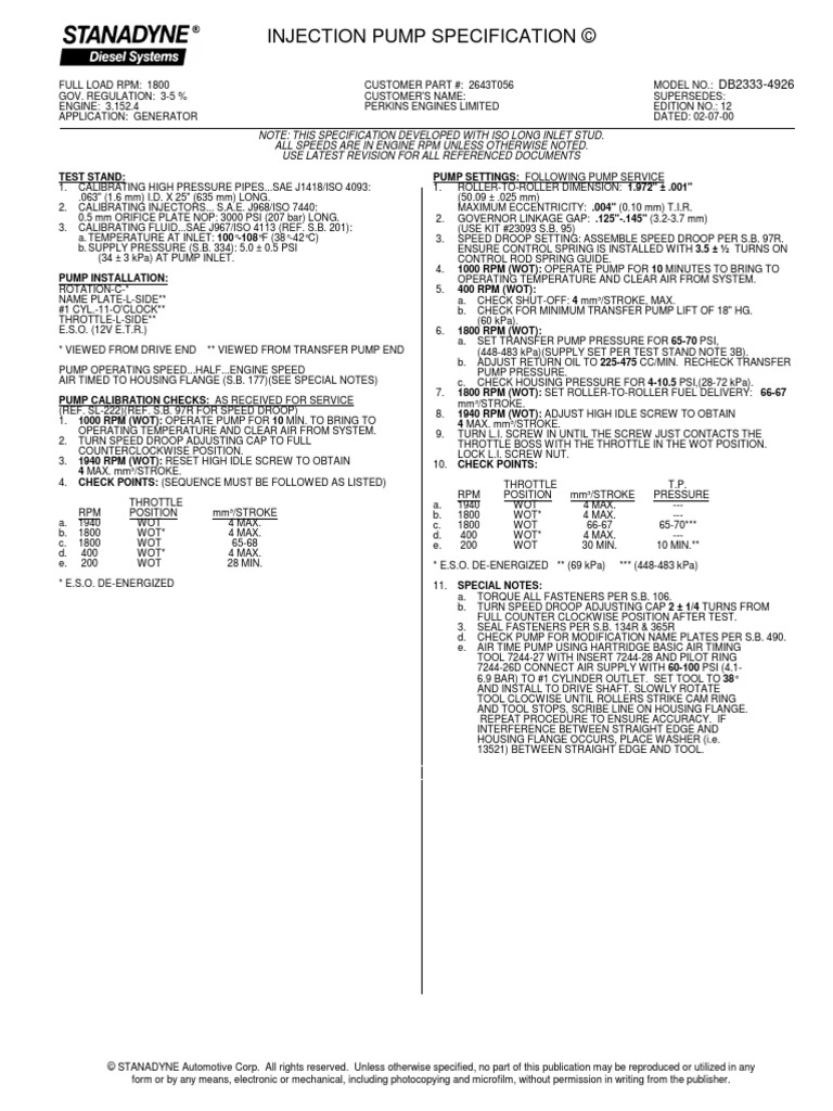 Injection Pump Specification © | PDF | Pump | Throttle